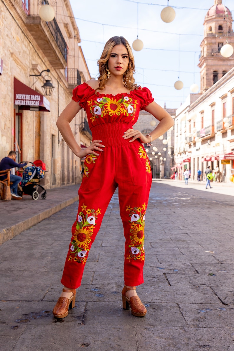 Mexican Sunflower Embroidered Jumpsuit. Floral Embroidered - Etsy