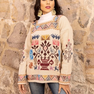 Mexican Knit Sweater. Multicolor Ethnic Sweater. Pullover Artisanal ...