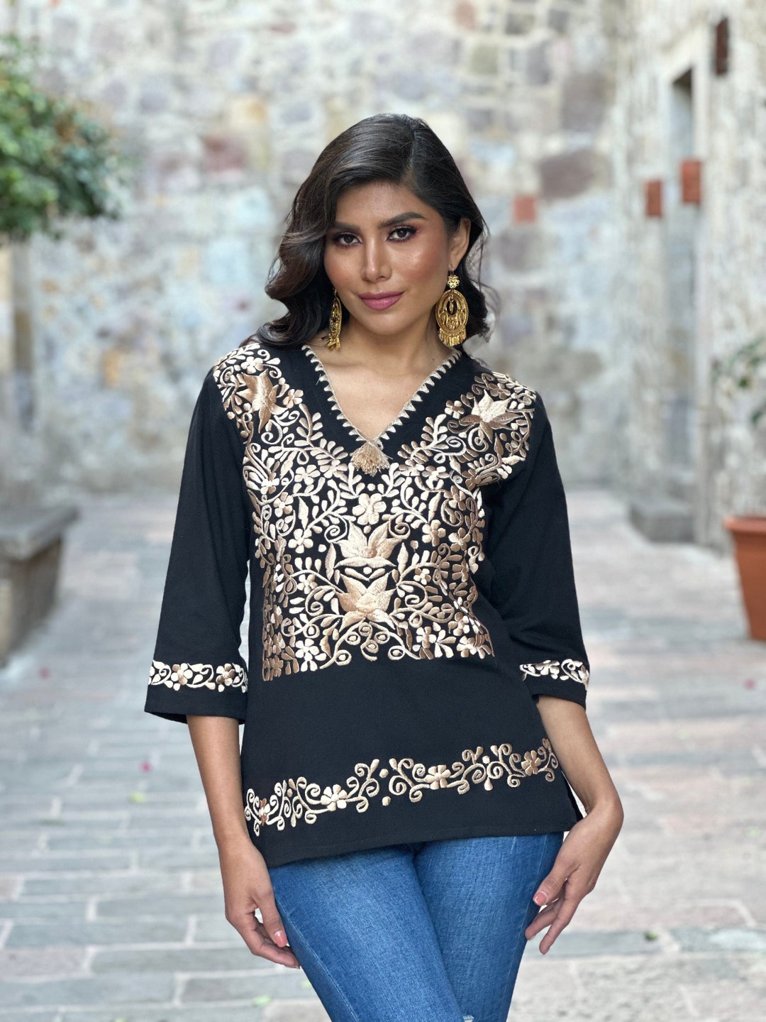Mexican Blouse. Size S - 3X. Golden Floral Embroidered Mexican Blouse ...