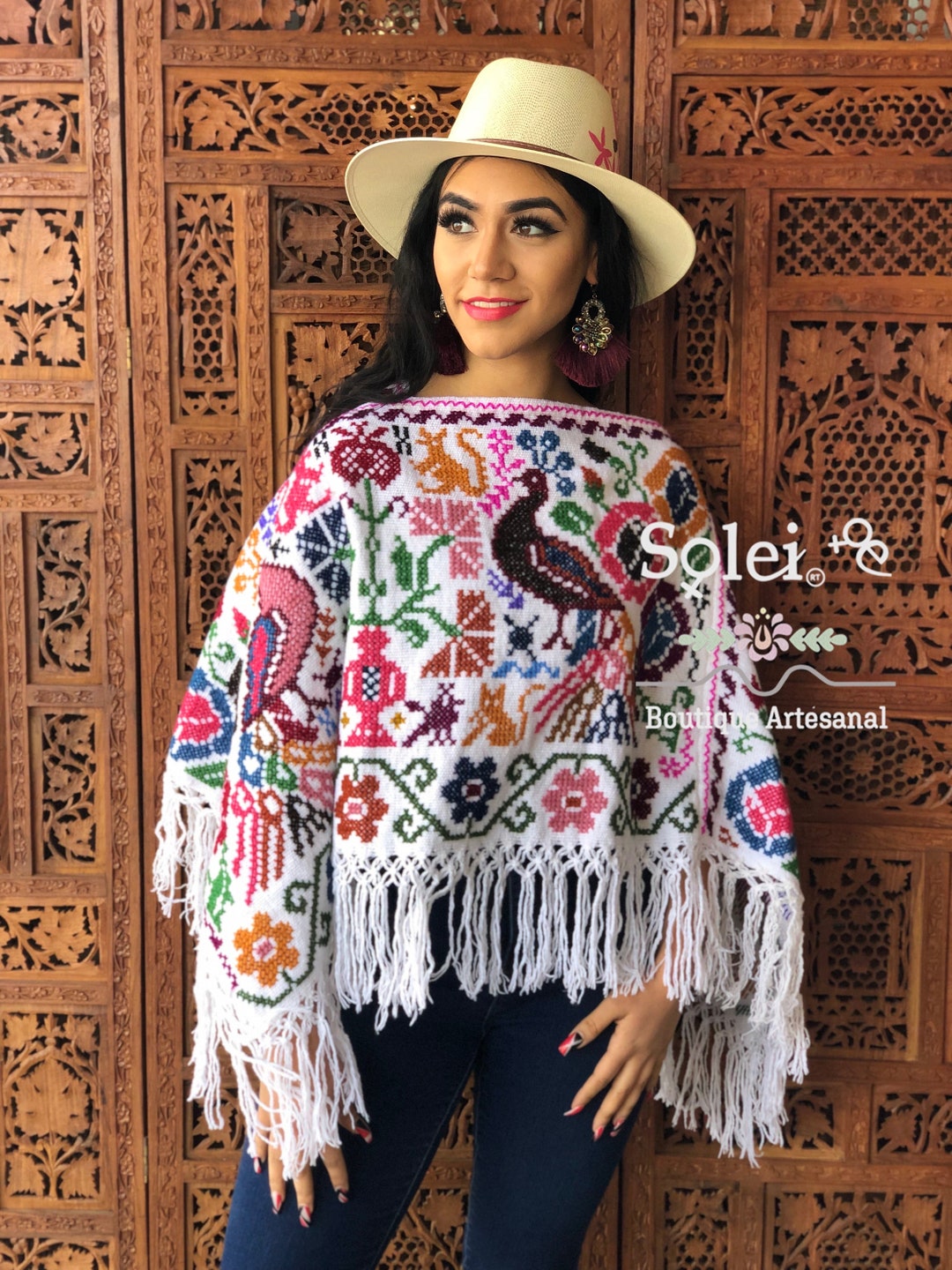Peacock Embroidered Poncho. Colorful Poncho. Mexican Traditional Poncho ...