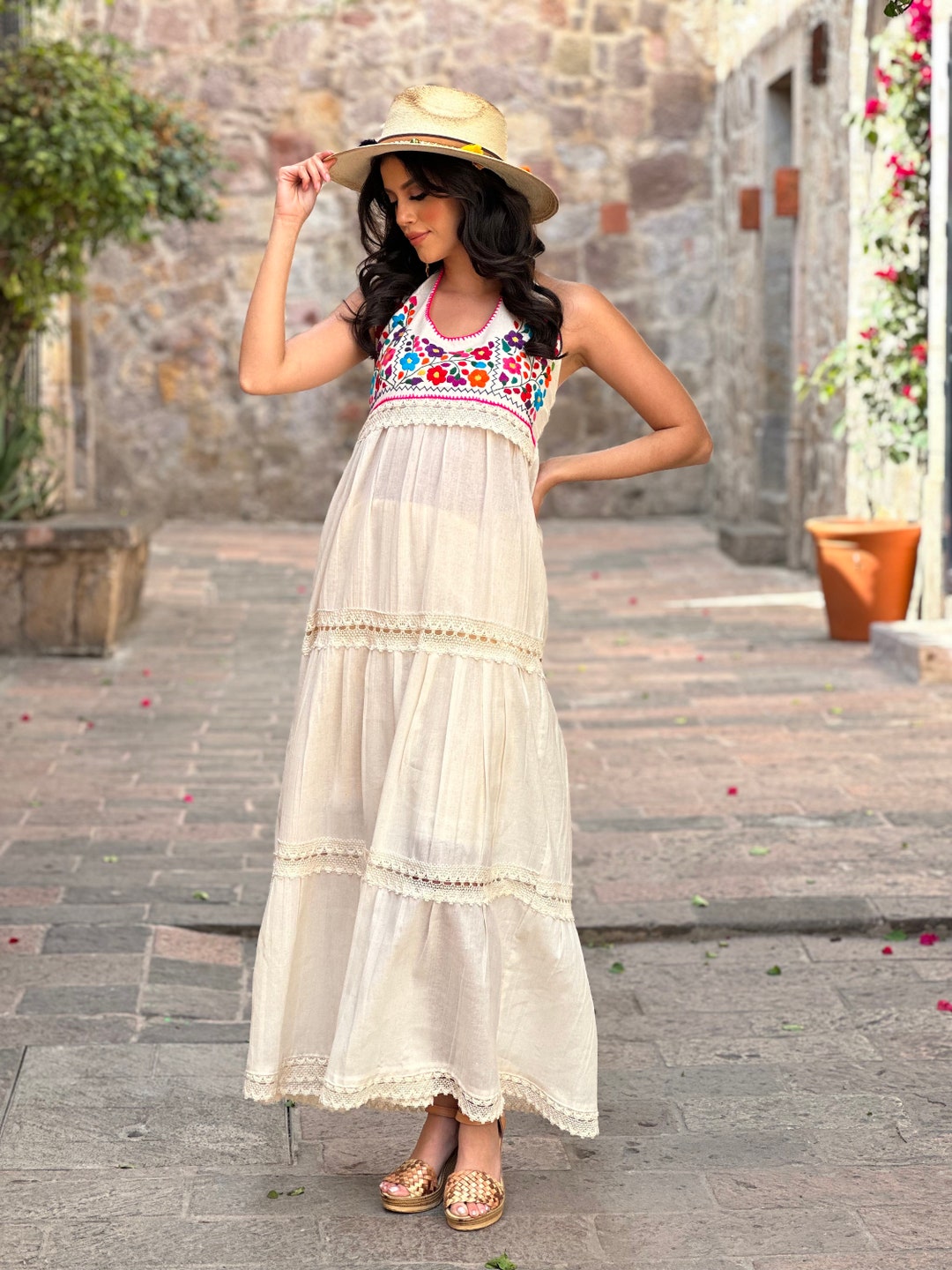 Mexican Floral Halter Dress. Hippie-boho. Hand Embroidered Mexican Dress. Mexican Party Dress ...