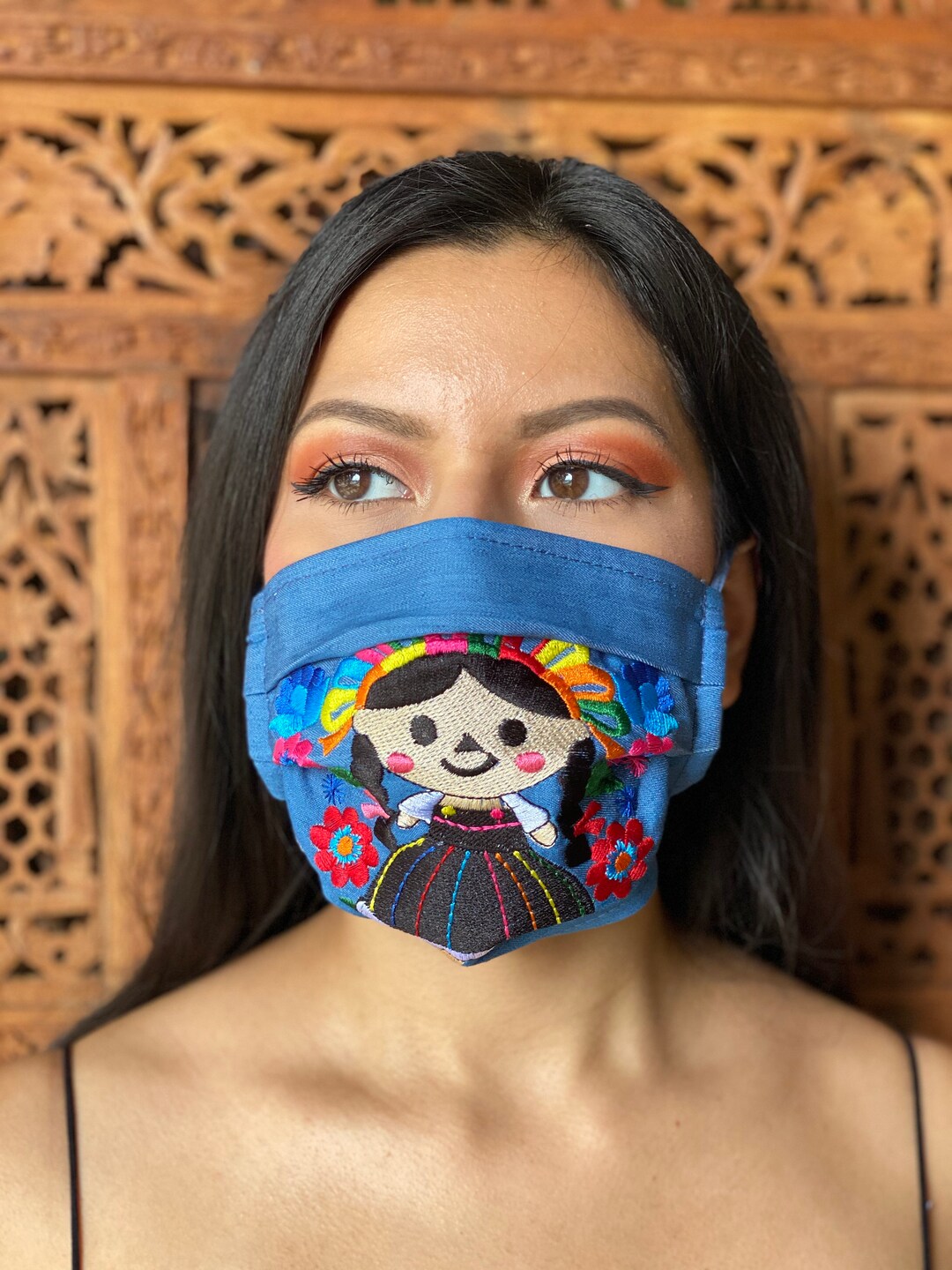 Embroidered Denim Face Mask. Mexican Doll Face Mask. Reusable Face Mak ...