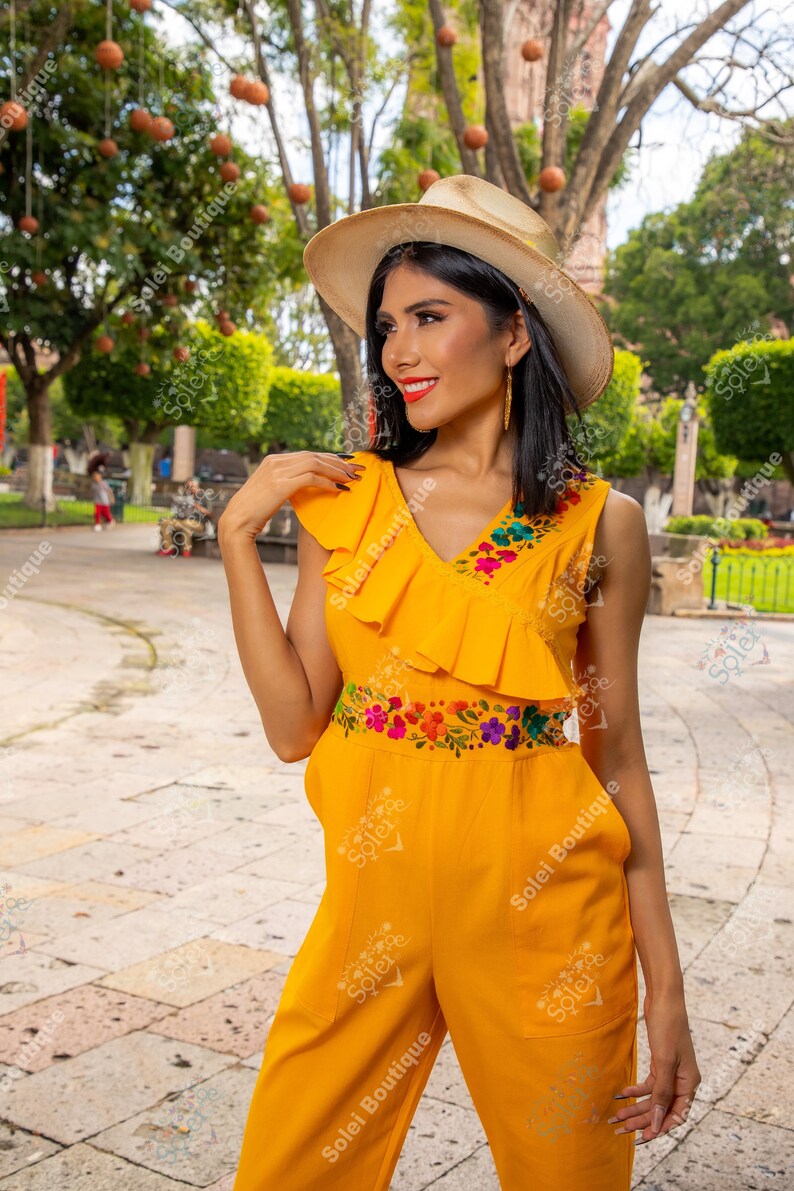 Mexican Ruffle Top Mexican Jumpsuit. Floral Hand Embroidered - Etsy