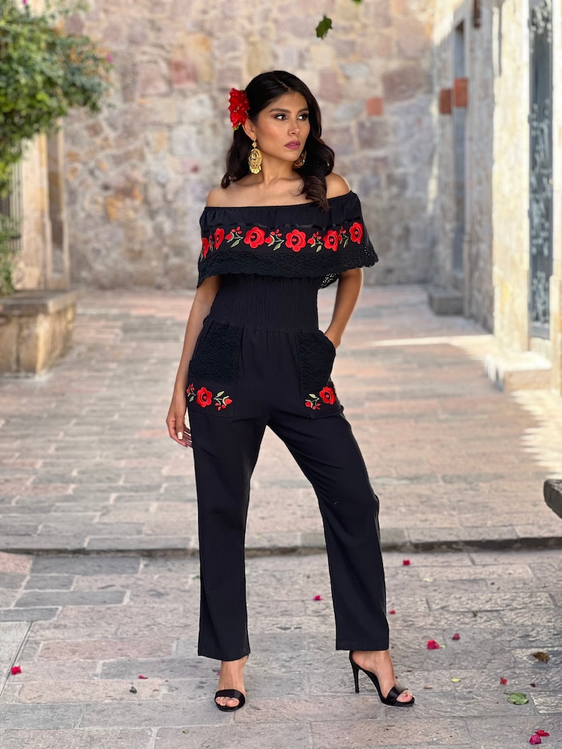 Mexican Floral Jumpsuit. Lace Trim off the Shoulder Jumpsuit. - Etsy