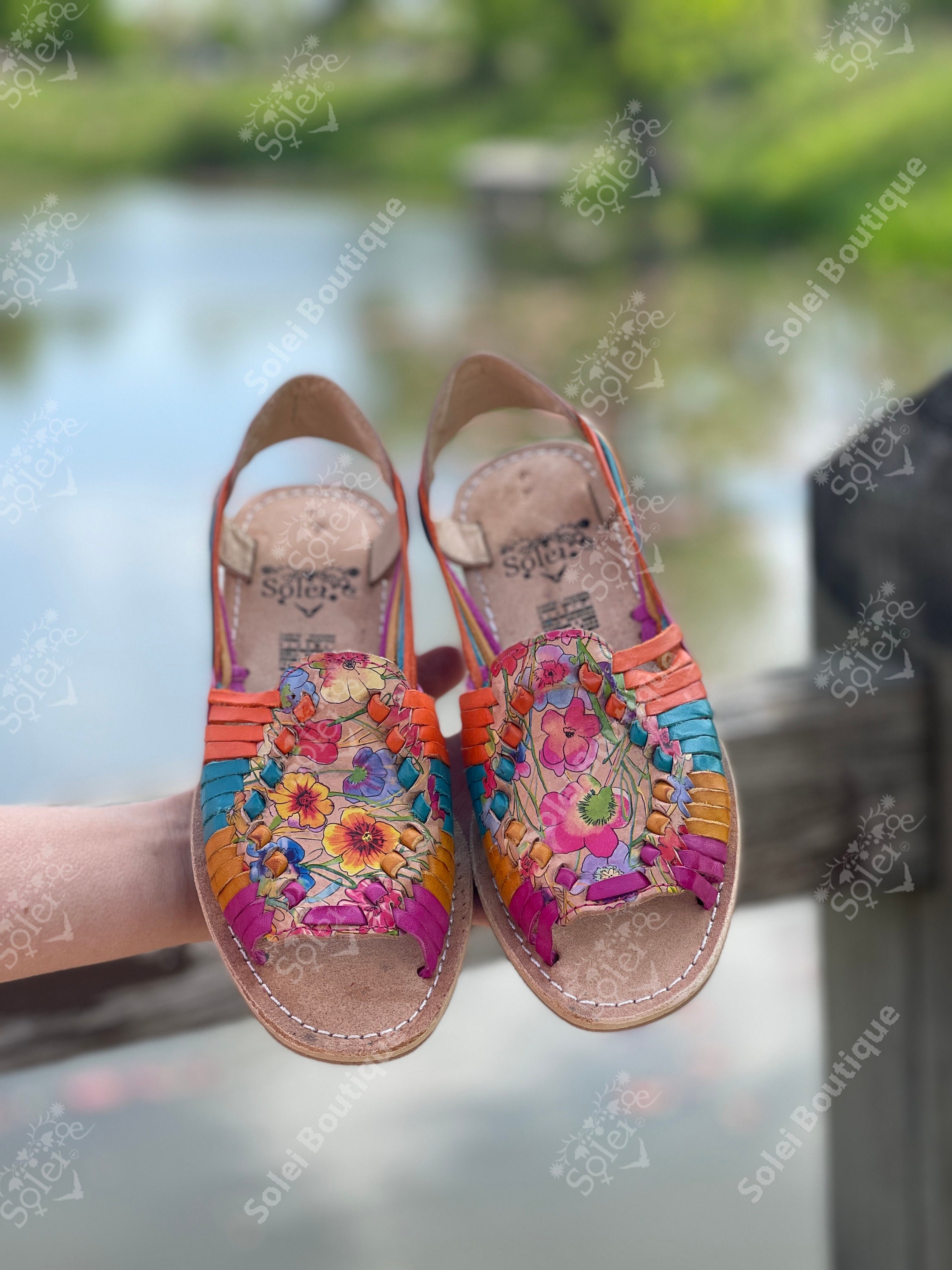 Floral Open Toe Artisanal Sandal. Mexican Leather Flats. | Etsy