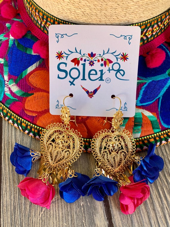 Mexican Heart Filigree Earrings. Gold Plated Filigree. Silk Flower Earrings. Dangle Earrings. Traditional Mexican Earrings. Etsy Canada