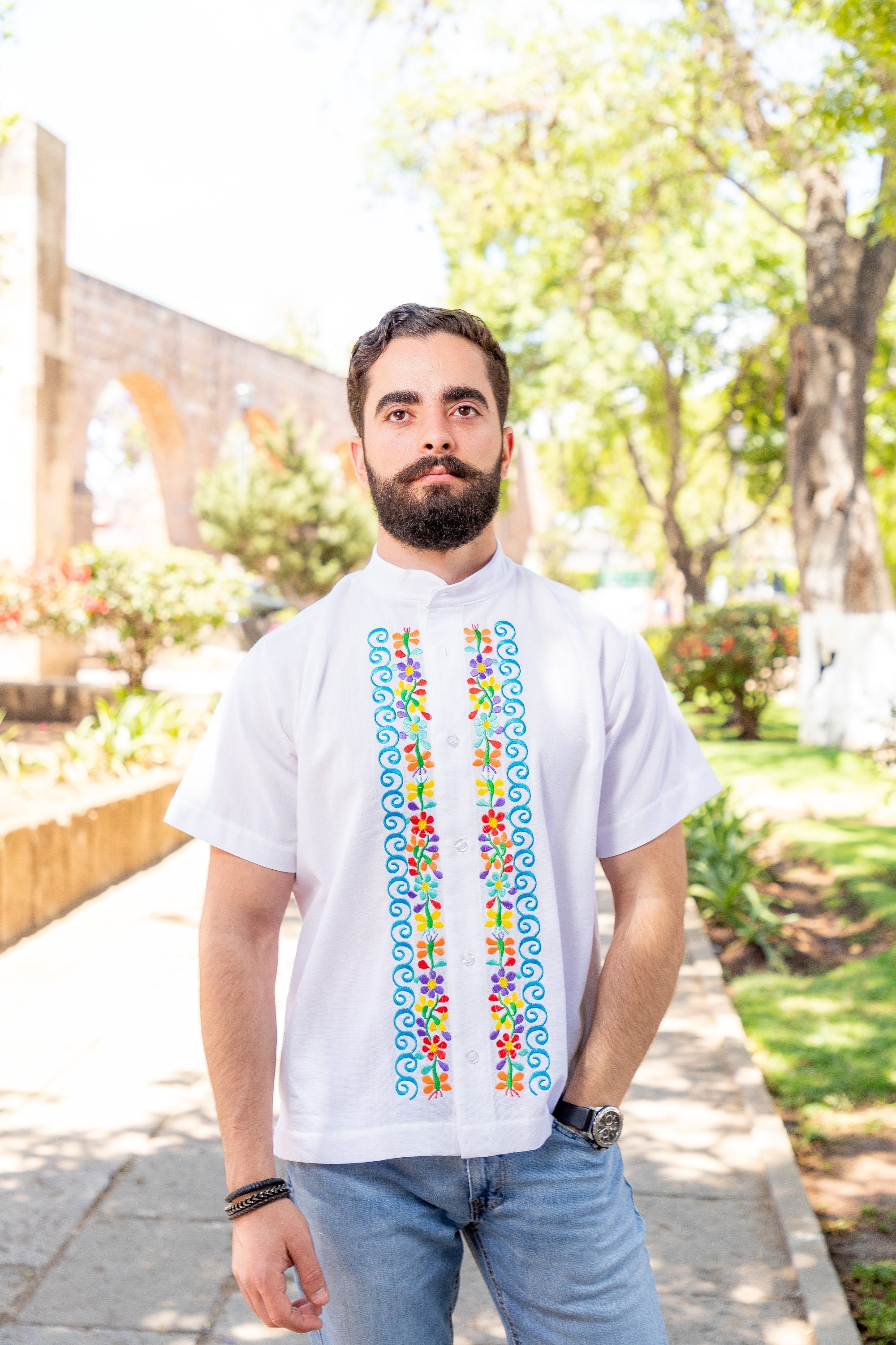 Mens Floral Embroidered Guayabera Shirt, Mexican Traditional - Etsy