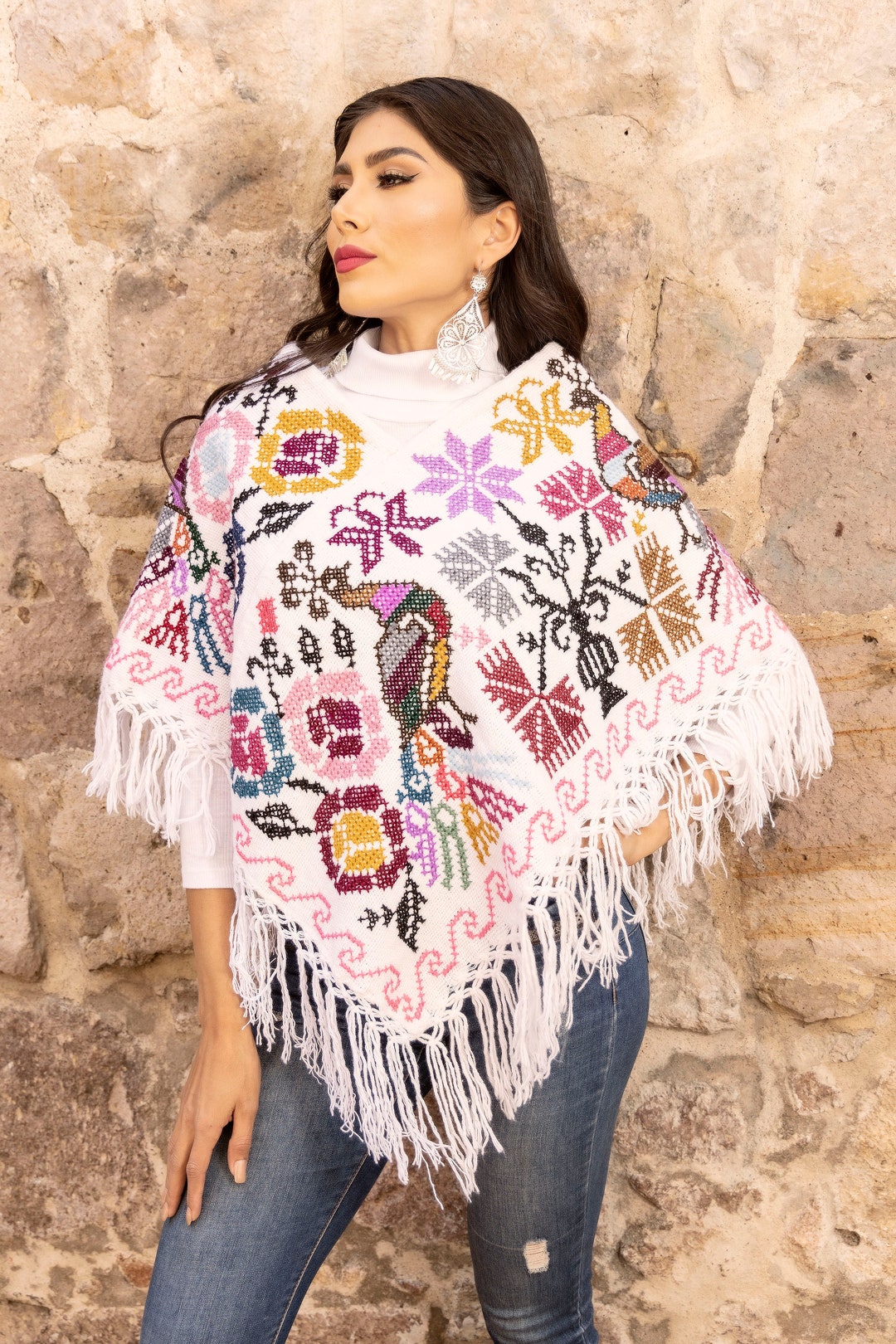 Peacock Embroidered Poncho. Colorful Poncho. Mexican Traditional Poncho ...