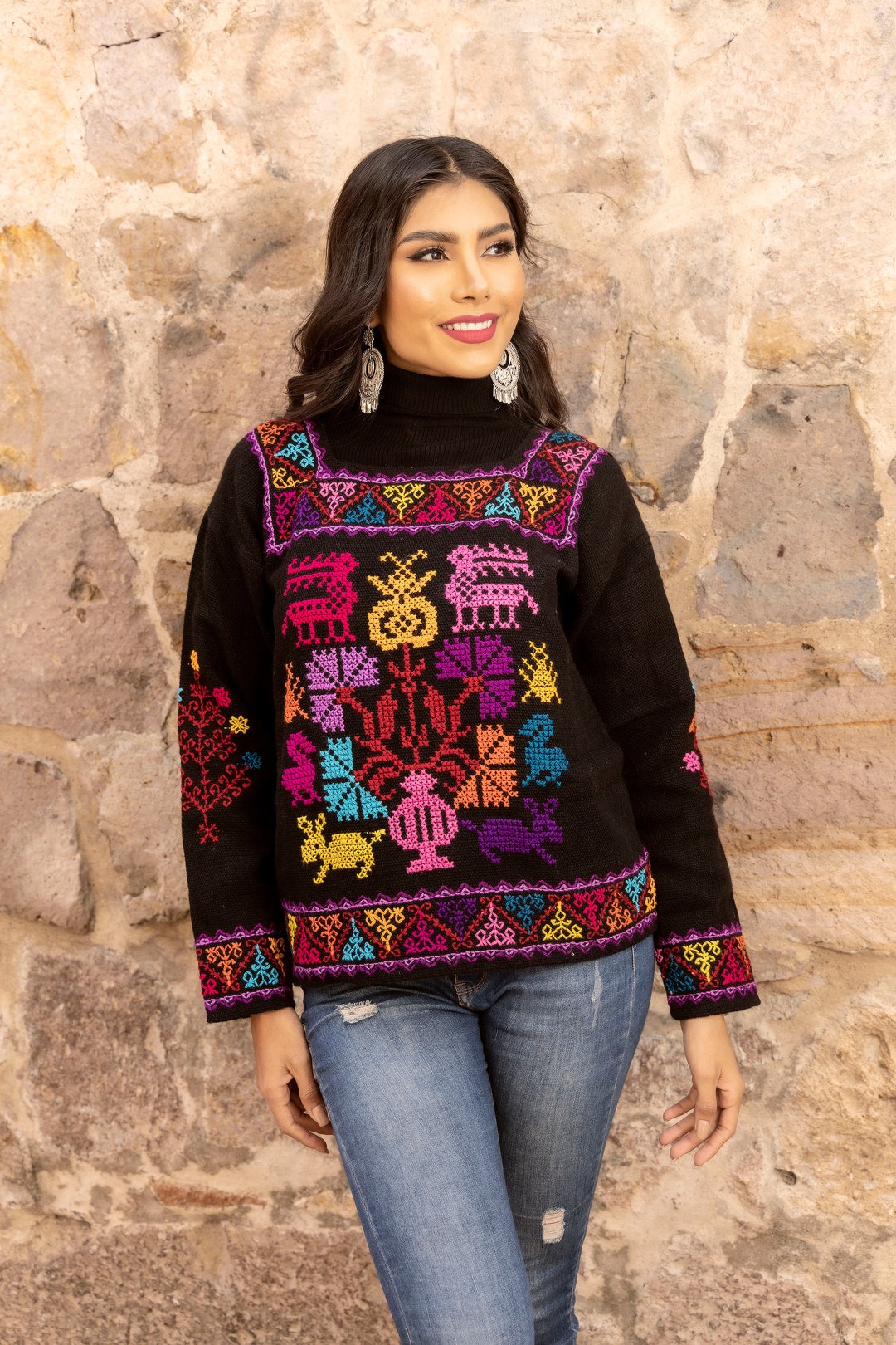 Mexican Knit Sweater. Multicolor Ethnic Sweater. Pullover Artisanal ...