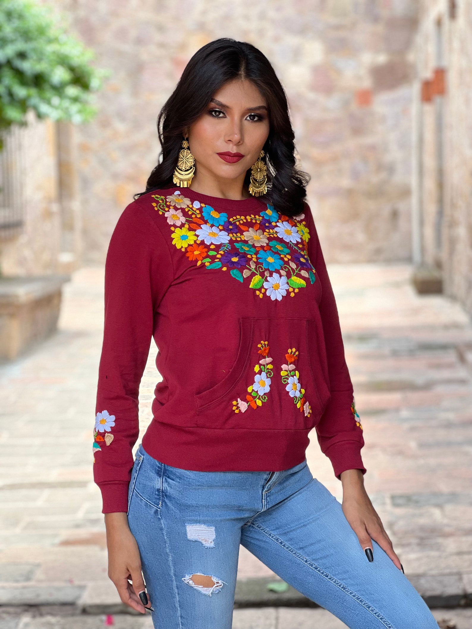 Mexican Floral Sweatshirt. Artisanal Sweatshirt Made in Mexico. Hand ...