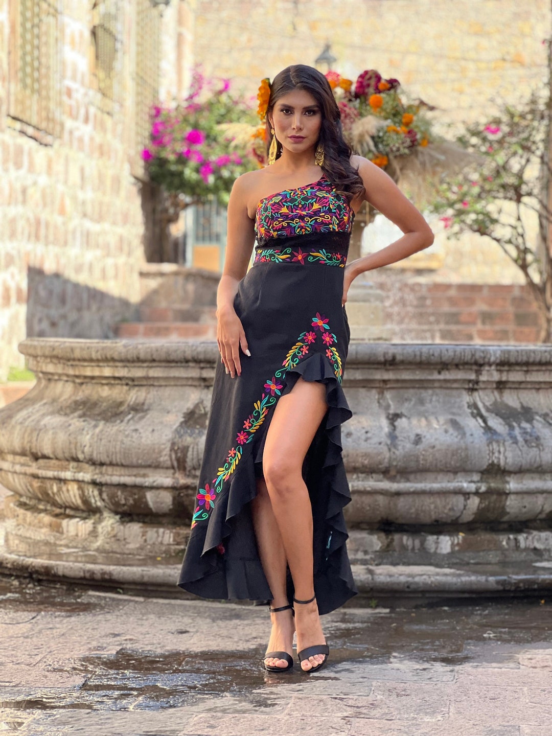 Floral One Shoulder Dress. Floral Embroidered Dress. Mexican Wedding ...