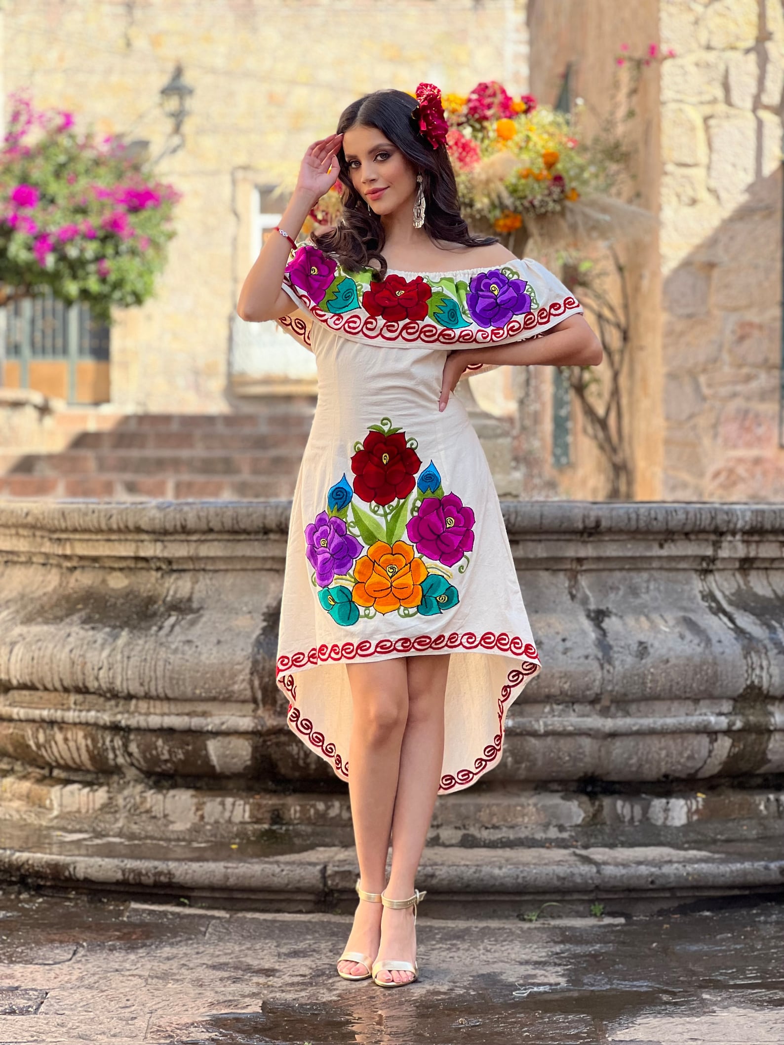Mexican Asymmetrical Dress. Size S 2X. Floral Embroidered Dress ...