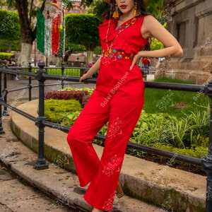Mexican Ruffle Top Mexican Jumpsuit. Floral Hand Embroidered Jumpsuit ...