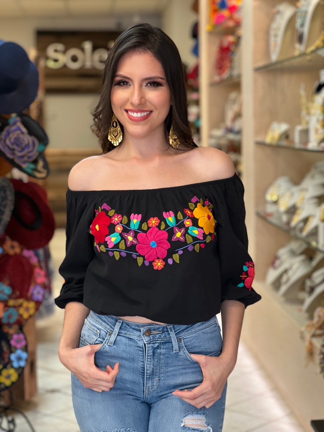 Artisanal Hand Embroidered Crop Top. Mexican 3/4 Sleeve Crop Top ...