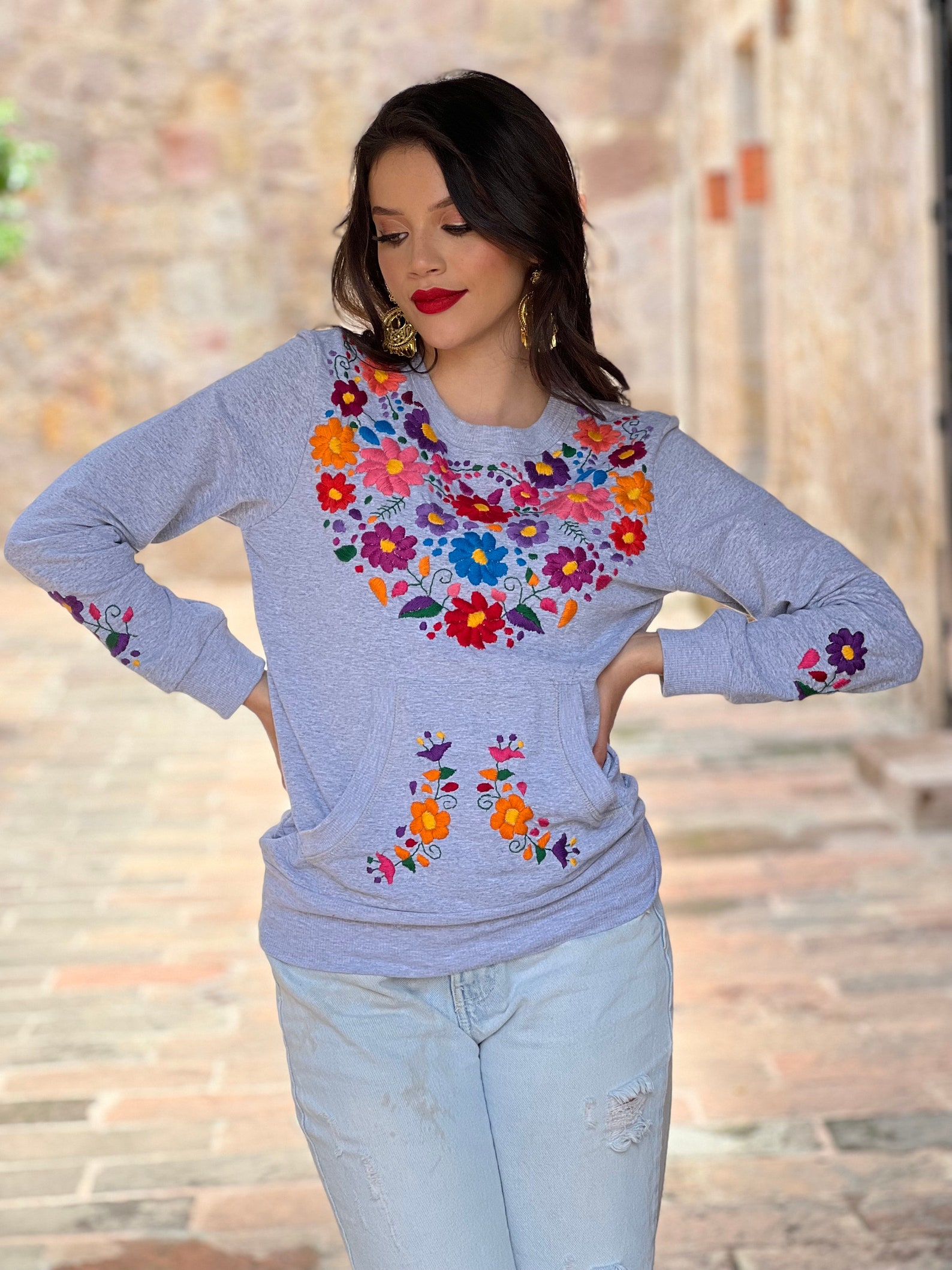 Mexican Floral Sweatshirt. Artisanal Sweatshirt Made in Mexico. Hand ...