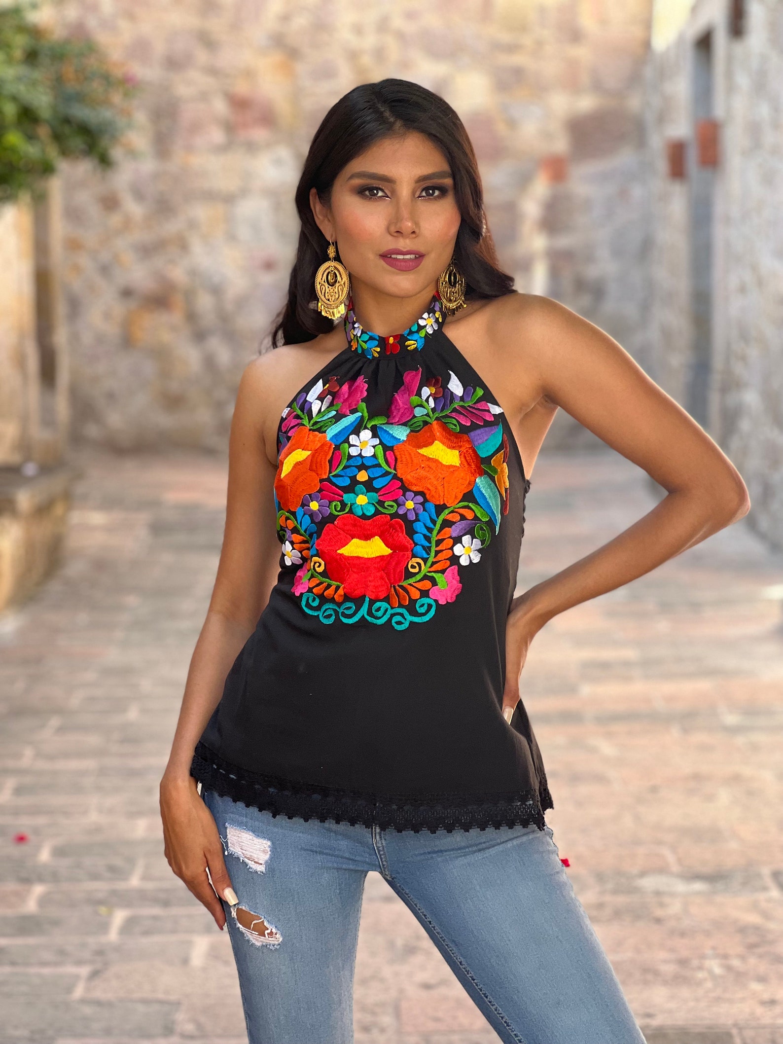 Embroidered Mexican Floral Halter Top. Size S - 2X. Ethnic Style ...