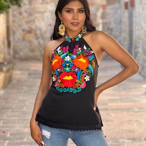 Embroidered Mexican Floral Halter Top. Size S - 2X. Ethnic Style ...