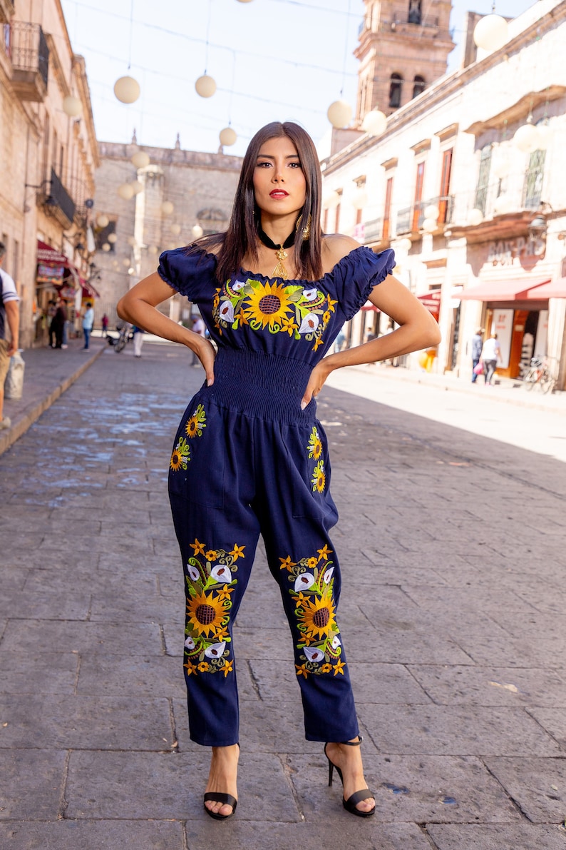 Mexican Sunflower Embroidered Jumpsuit. Floral Embroidered - Etsy