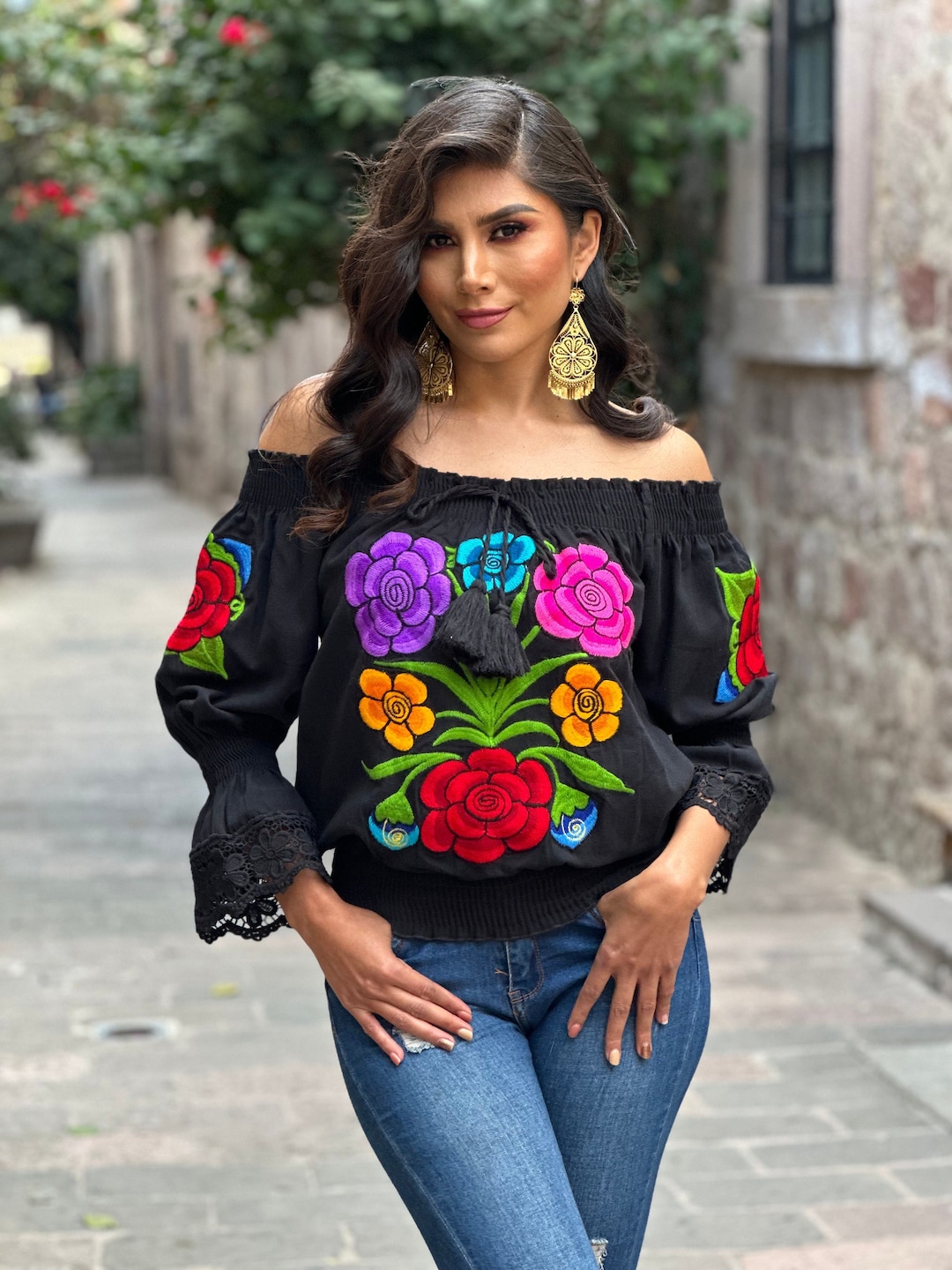 Embroidered Mexican Blouse. Size S - 2X. Bell Sleeve Floral Embroidered ...