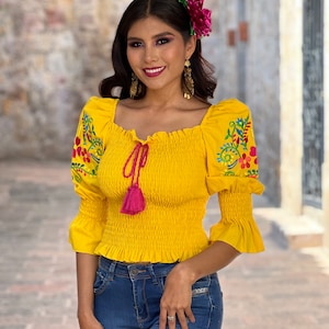 Floral Embroidered Mexican Blouse. Traditional Mexican Top. Bell Sleeve ...