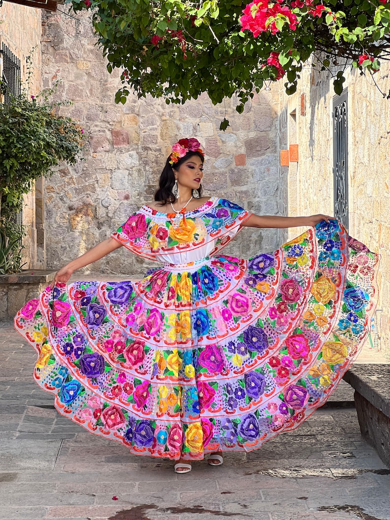 Traditional Mexican Chiapaneco Dress Floral Embroidered Etsy