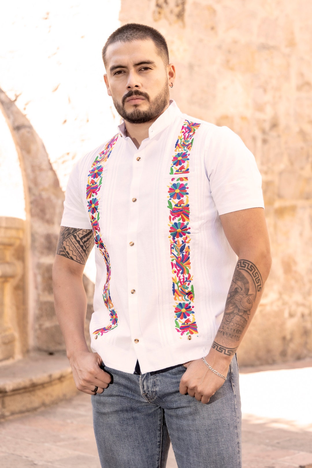 Mens Mexican Traditional Shirt. Floral Embroidered Guayabera for Men. Formal Button up Shirt ...