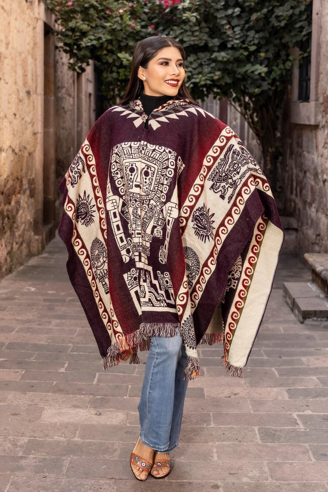 Azteca Mexican Hooded Poncho. Elegant Poncho. Traditional Hooded Poncho ...