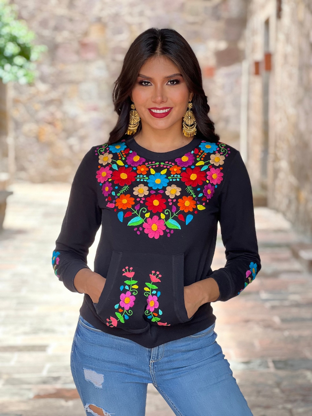 Mexican Floral Sweatshirt. Artisanal Sweatshirt Made in Mexico. Hand ...