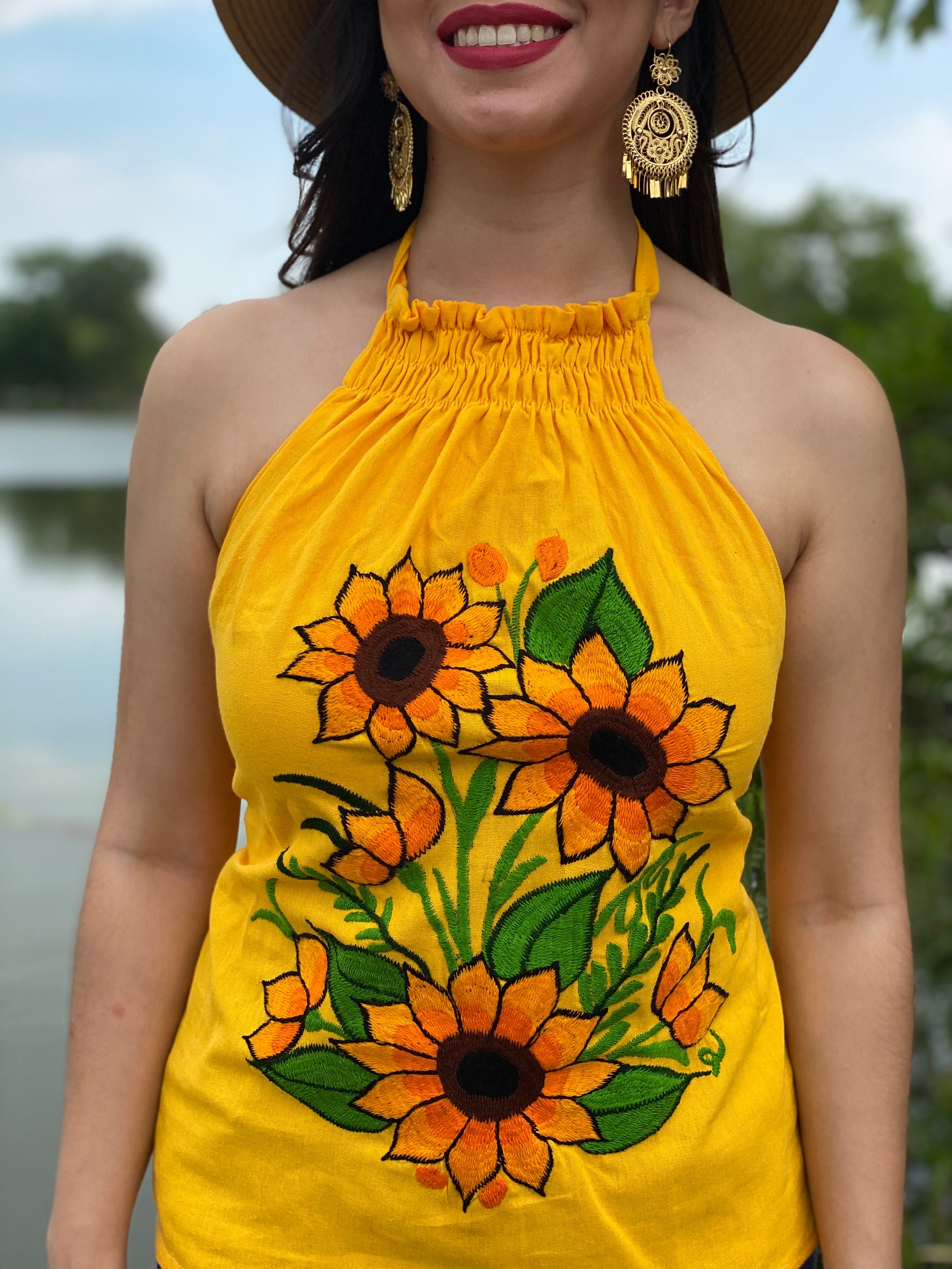 Embroidered Floral Halter Top. Sunflower Halter Top. - Etsy