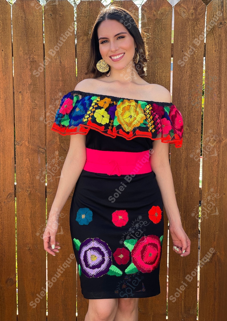 Hand Embroidered Mexican Flounce Dress. Floral Mexican Dress. - Etsy