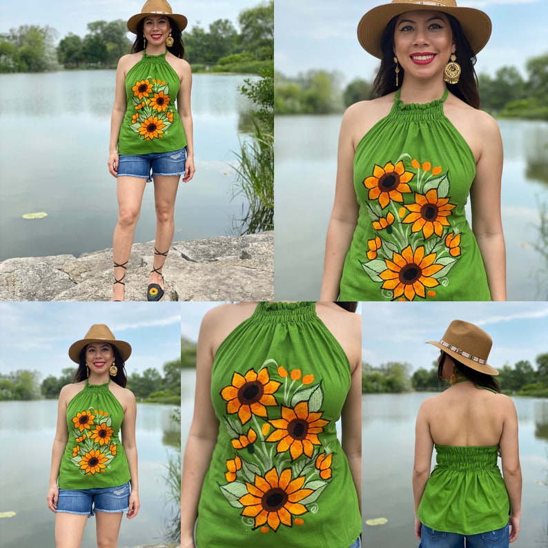 Embroidered Floral Halter Top. Sunflower Halter Top. | Etsy