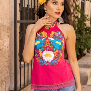 Embroidered Mexican Floral Halter Top. Size S - 2X. Ethnic Style ...