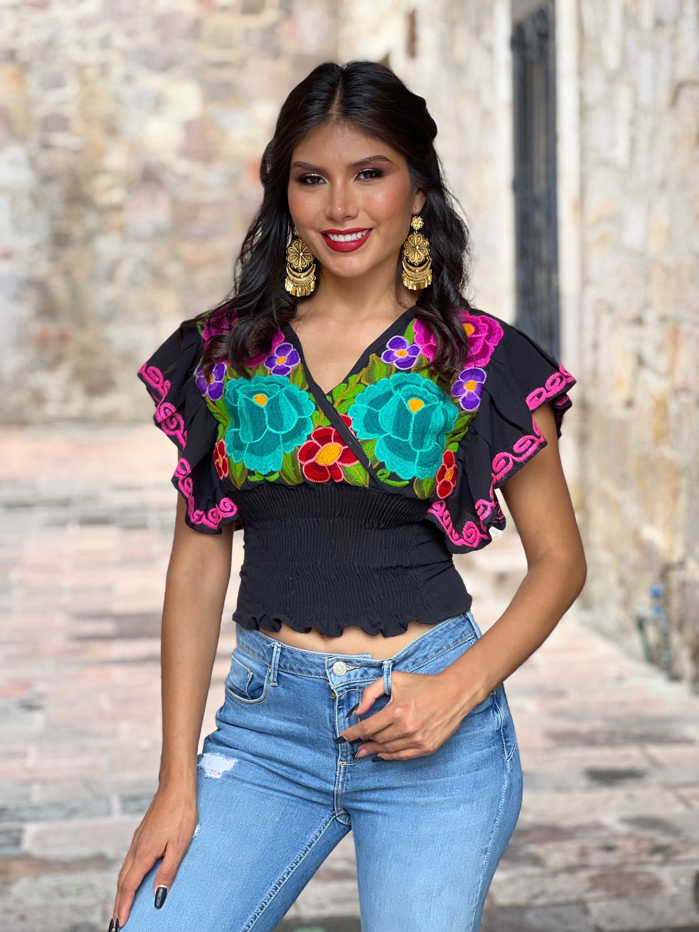 Mexican Embroidered Floral Top. Size S - 2X. Floral Butterfly Sleeve ...