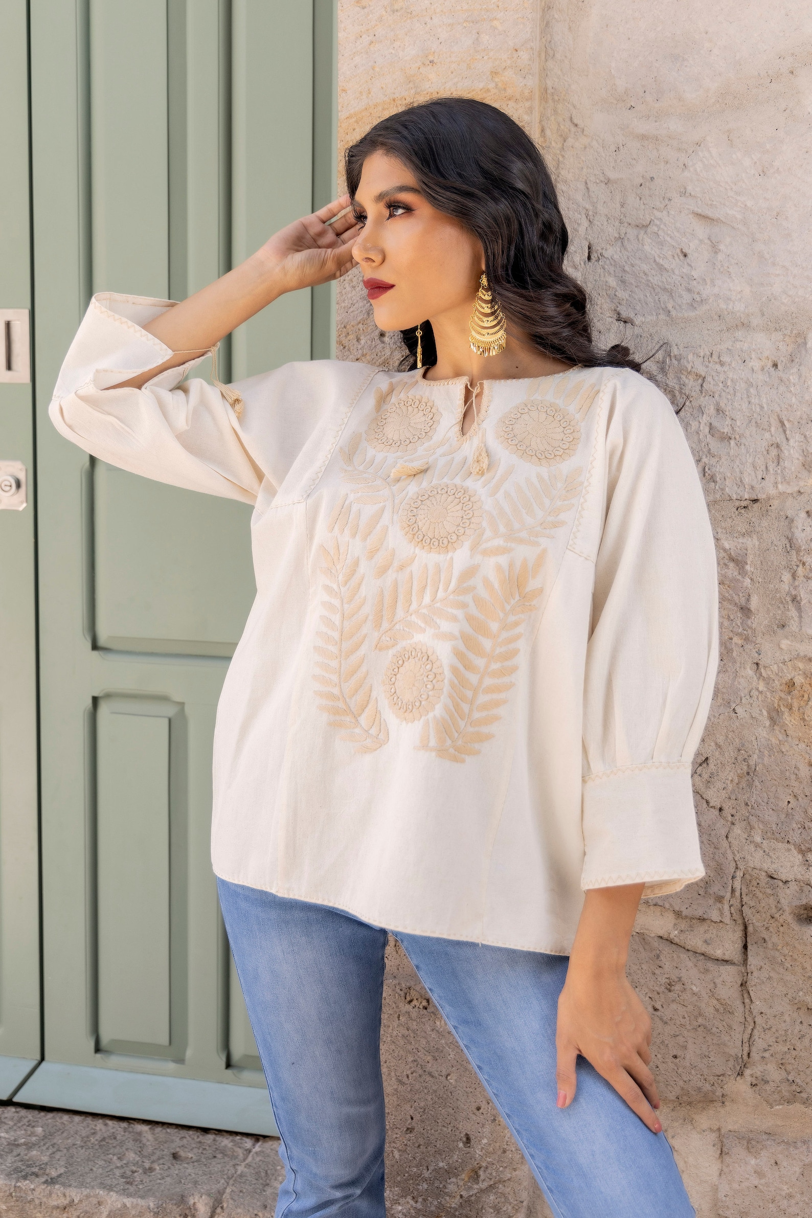 Hand Embroidered Long Sleeve Blouse. Mexican Top. Mexican Floral Blouse ...