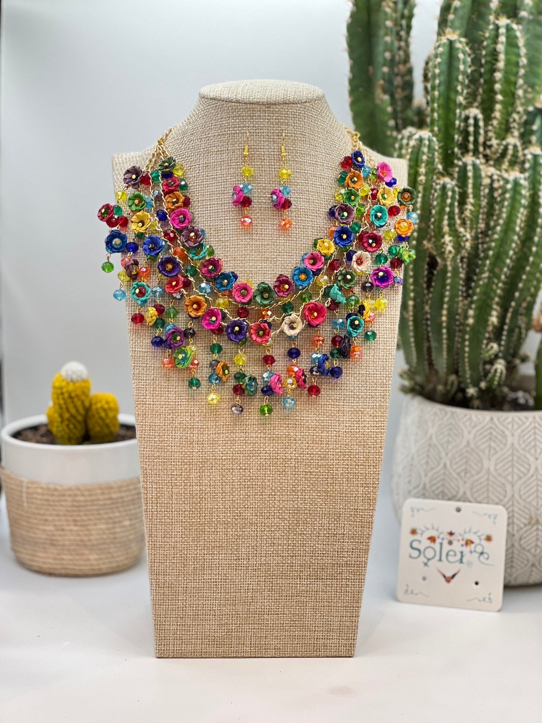 Handmade Palm Leaf Flower Jewelry Set: Mexican Ethnic Necklace ...