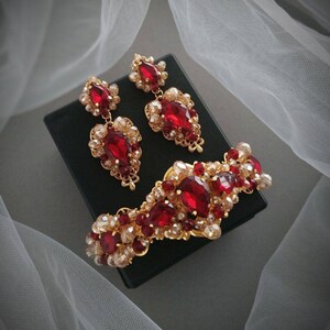 Red and Gold Jewelry Set Red Necklace Red Earrings and Bracelet Red and ...