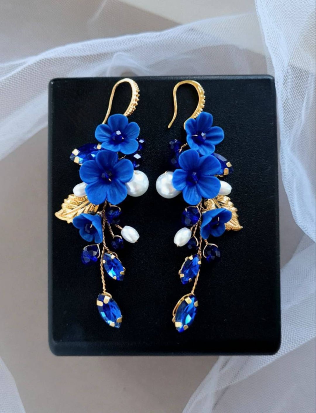 Royal Blue Earrings Navy Blue Earrings Bridal Earrings With Flowers Dark Blue Earrings Wedding ...