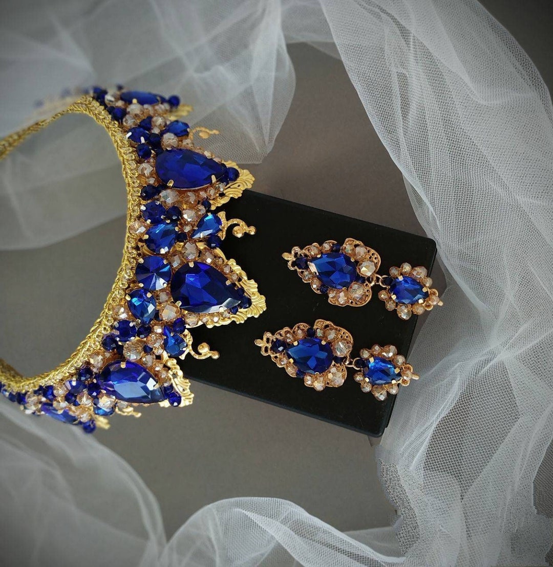 Royal Blue Crown and Earring Royal Blue Jewelry Set Royal Blue Tiara ...