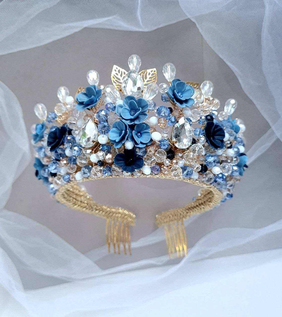 Dusty Blue Tiara Dusty Blue Tiara With Flowers Navy Blue and - Etsy