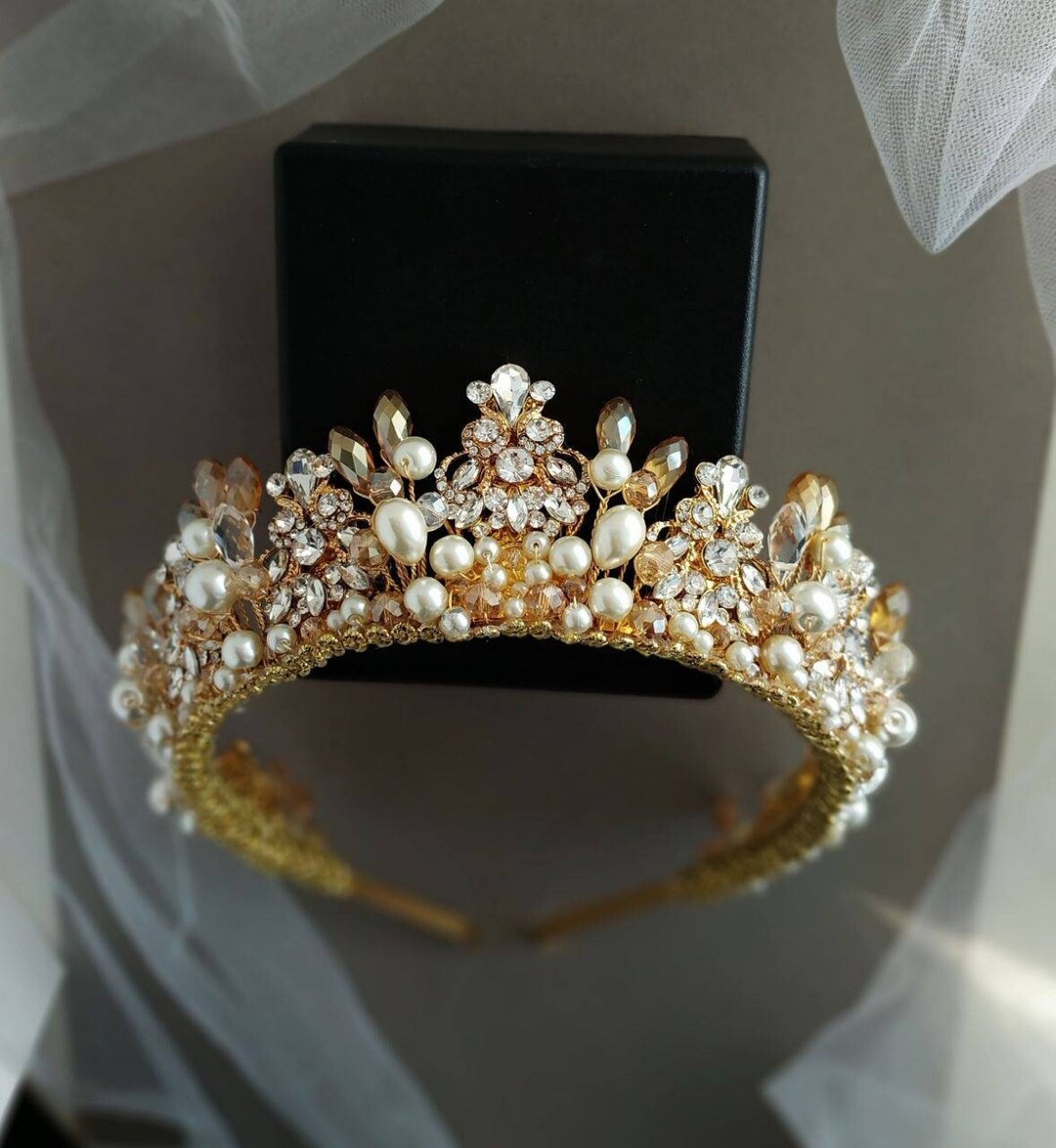 Wedding Headband Pearl Tiara Bridal Tiara Set Gold Crown Headband ...