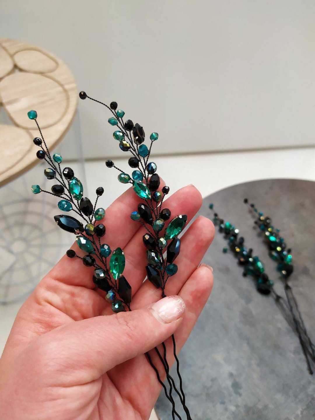 Black & Green Crystal Hair Pins | Emerald Bridal Hair Accessories ...