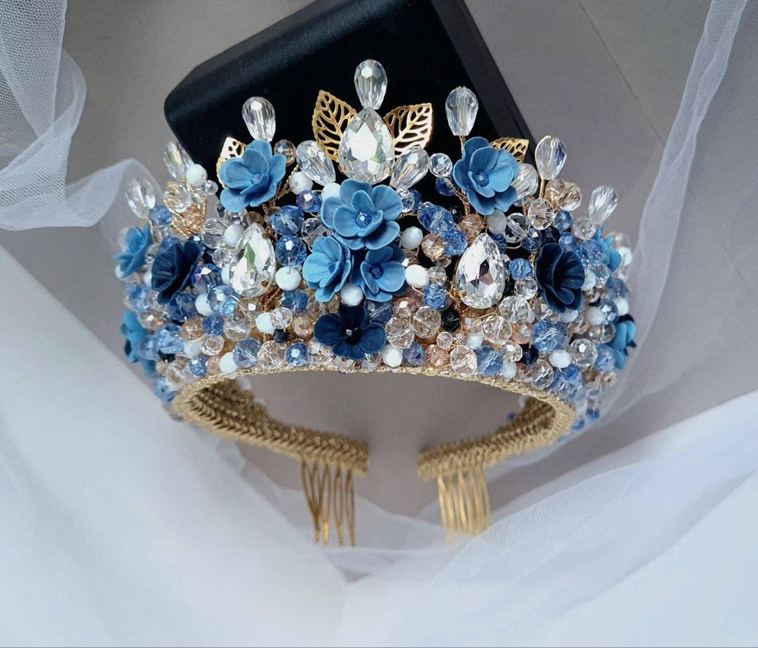 Dusty Blue Tiara Dusty Blue Tiara With Flowers Navy Blue and Gold Tiara ...