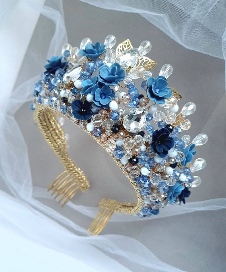 Dusty Blue Tiara Dusty Blue Tiara With Flowers Navy Blue and - Etsy