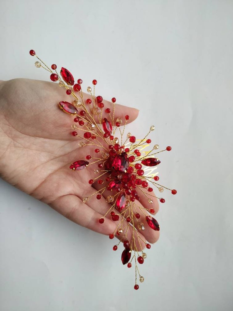 Red Crystal Hair Comb Gold Hair Comb Crystal Hair Comb Red - Etsy