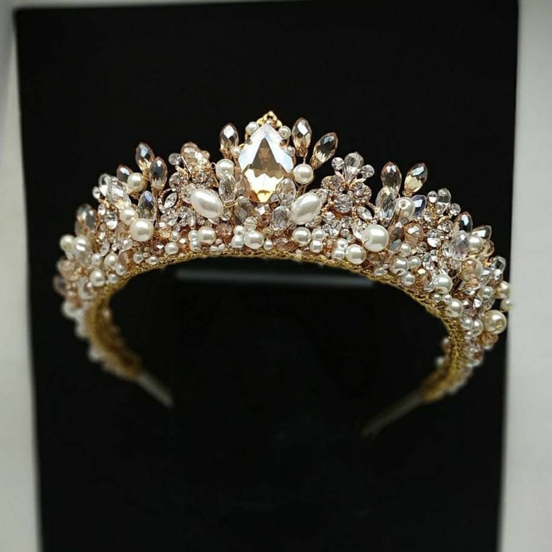 Gold Pearl Bridal Tiara | Wedding Headpiece | Handmade Champagne Crown ...