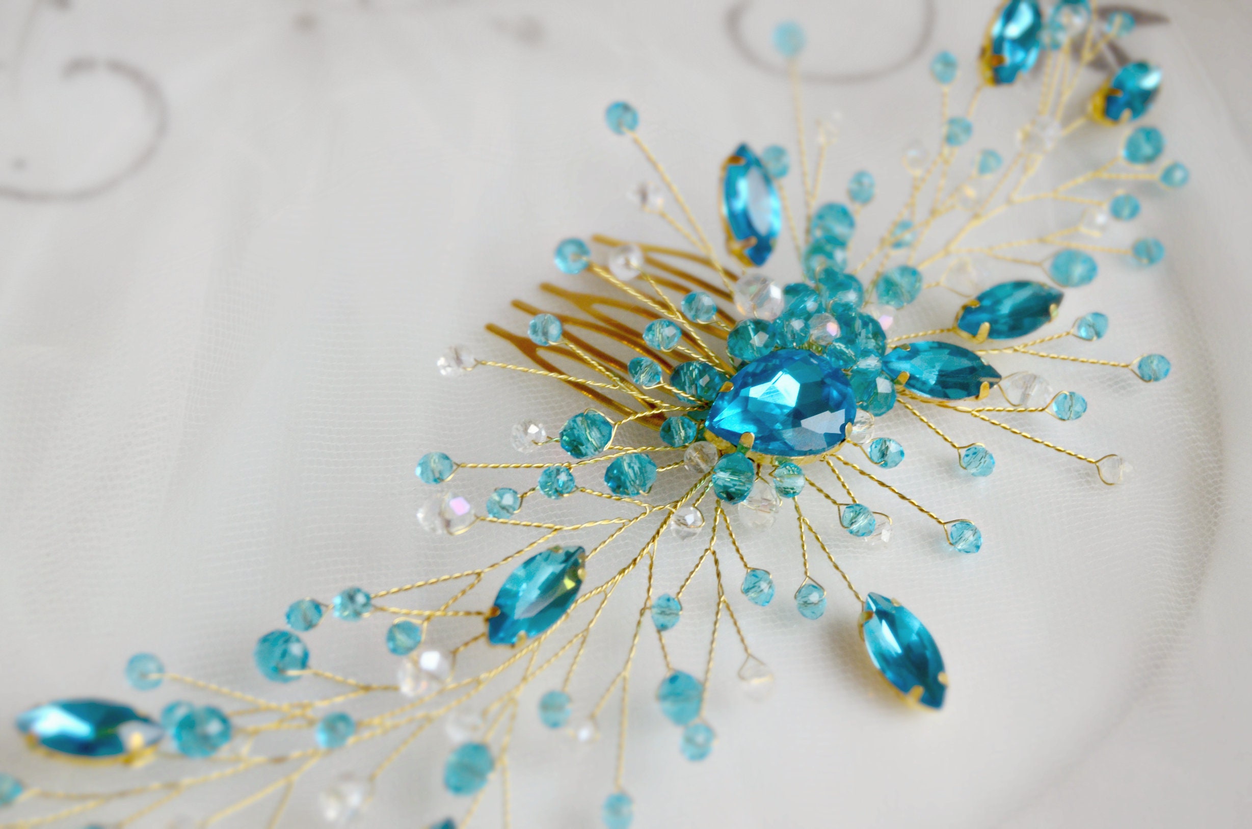 Turquoise hair comb Aquamarine hair comb Crystal hair comb | Etsy