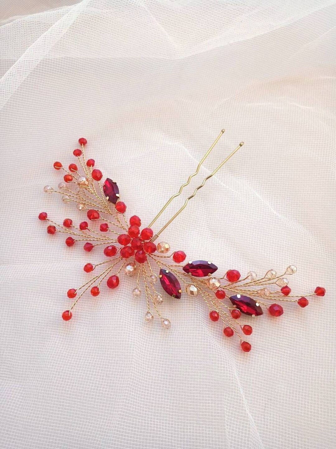 Red and Gold Hair Pin Red Hair Accessories Red Headpiece Crystal Hair ...