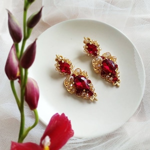 Red and Gold Jewelry Set Red Necklace Red Earrings and Bracelet Red and ...