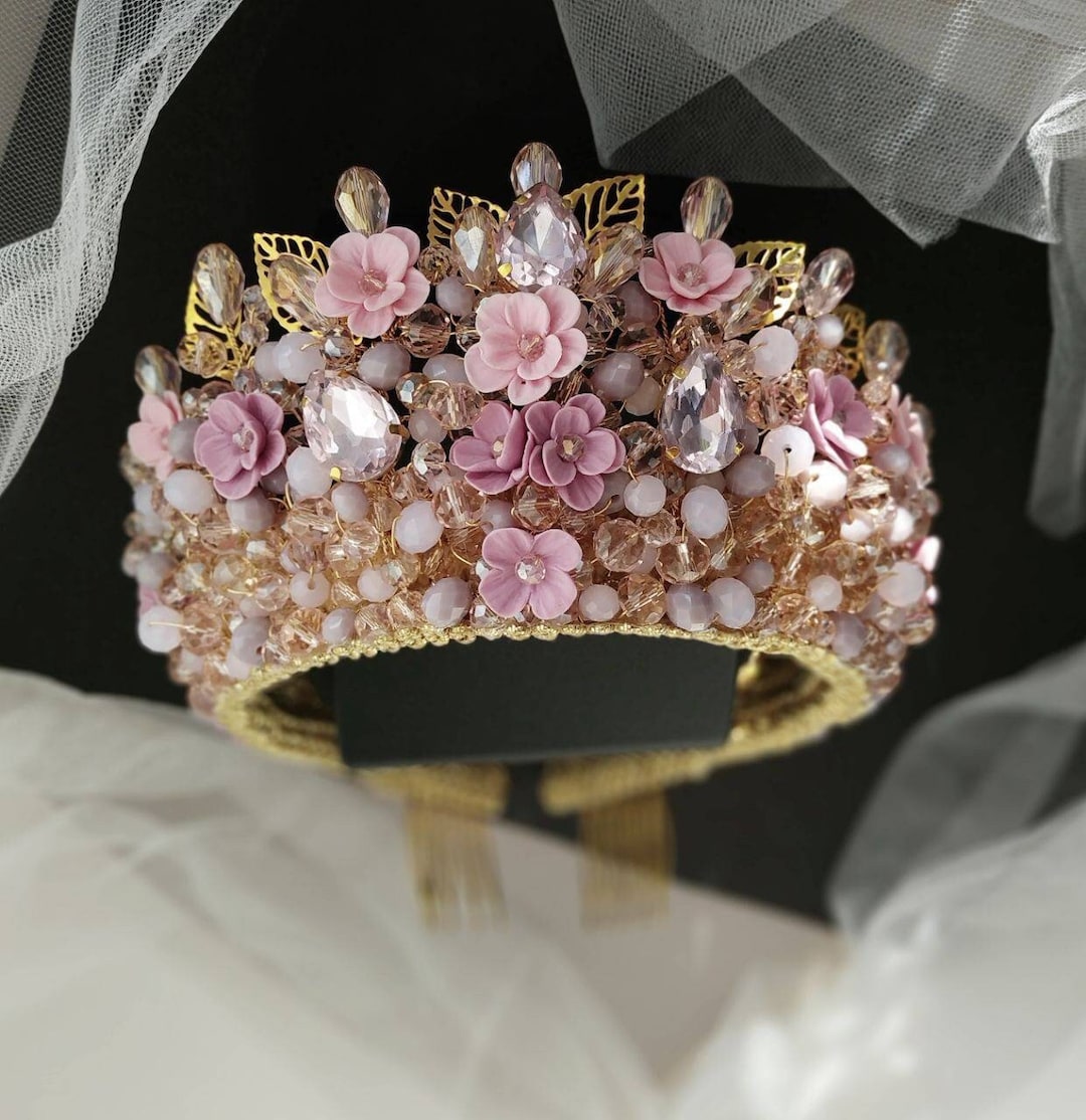 Pink Floral Bridal Tiara | Wedding Gold Headpiece | Handmade Flower ...