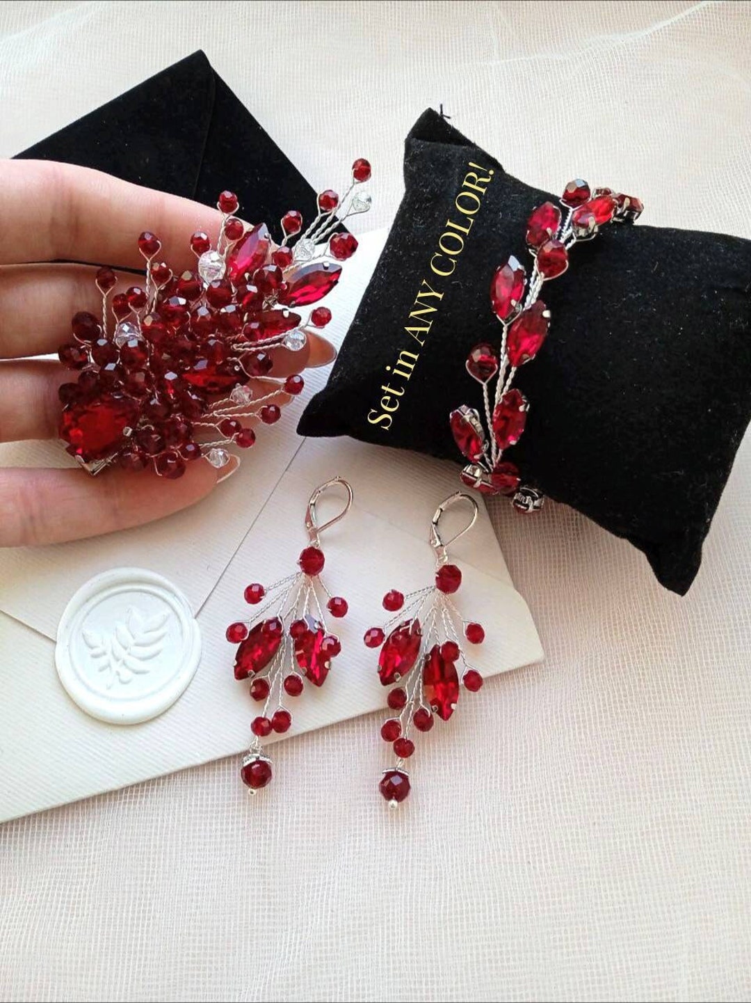 Dark Red Hair Accessories Red Jewelry Set Red Hair Clip Red Hair Comb ...